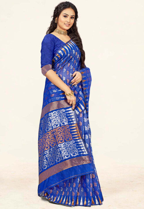 Buy Woven Cotton Saree in Royal Blue Online : SSKT784 - Utsav Fashion