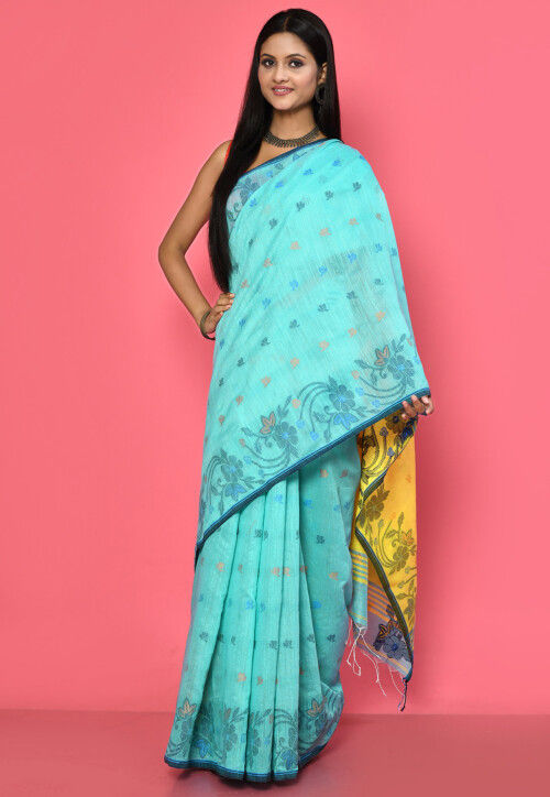 Buy Woven Cotton Silk Bengal Saree in Light Blue Online : SRGA1811 ...