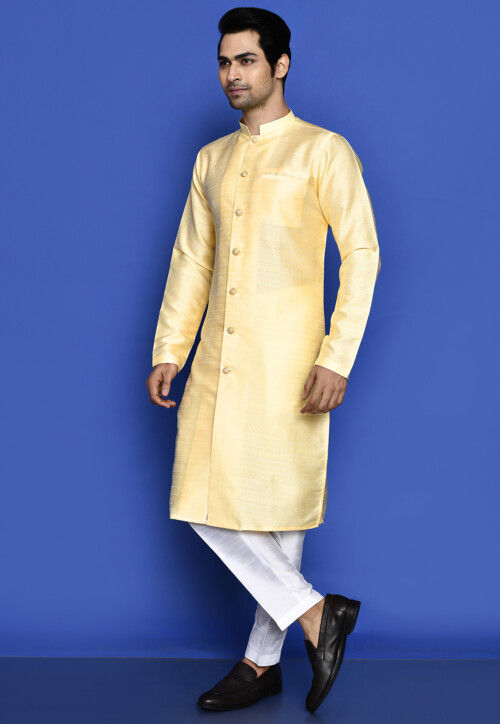 Buy Woven Cotton Silk Front Open Kurta Set in Beige Online : MTX3427 ...