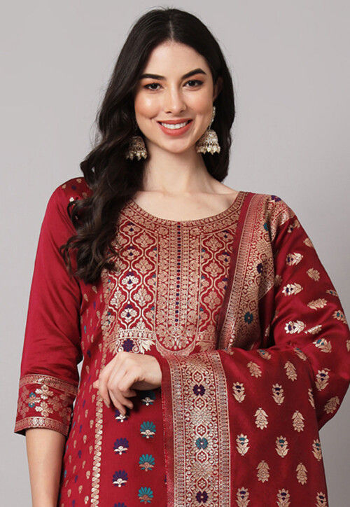 Buy Woven Cotton Silk Pakistani Suit in Maroon Online : KRD473 - Utsav ...