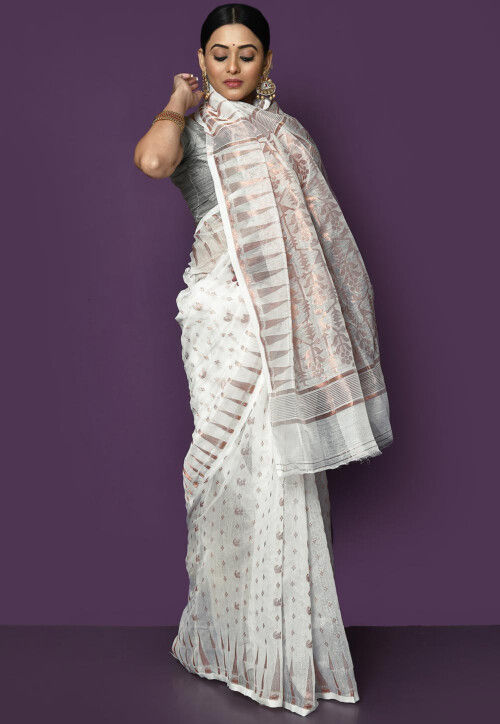 Buy Woven Cotton Silk Saree in White Online : SUUA586 - Utsav Fashion