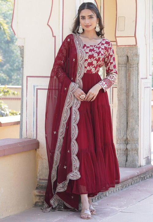 Buy Woven Georgette and Viscose Abaya Style Suit in Maroon Online ...