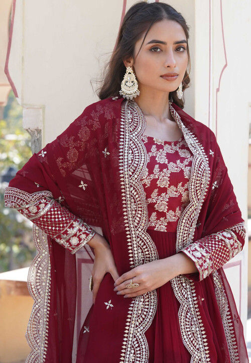Buy Woven Georgette and Viscose Abaya Style Suit in Maroon Online ...