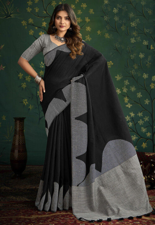 Buy Woven Linen Cotton Saree in Black Online : SSEA9510 - Utsav Fashion