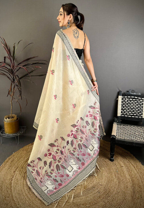 Buy Woven Muga Cotton Saree in Cream Online : SPTA16970 - Utsav Fashion