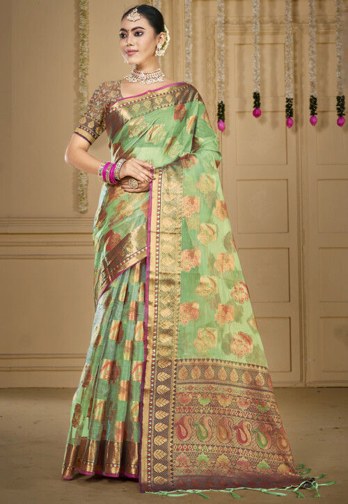 Buy Woven Organza Brasso Saree in Light Green Online : SPTA14831 ...