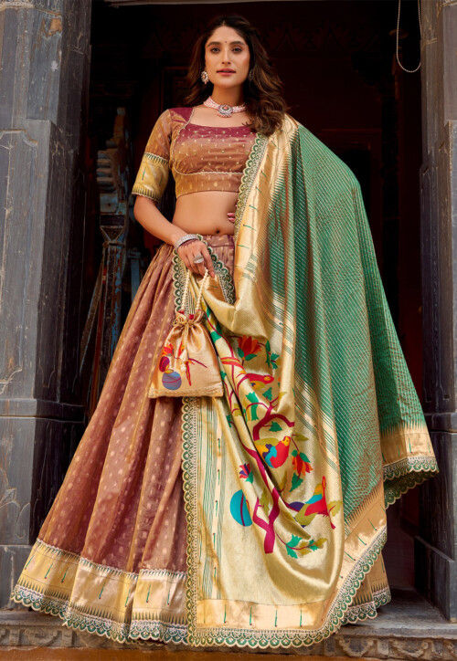 Buy Woven Organza Lehenga in Brown Online : LBC3097 - Utsav Fashion