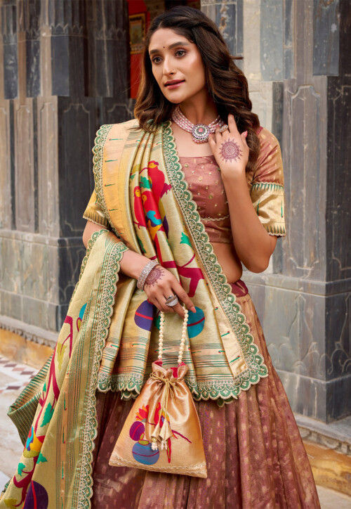 Buy Woven Organza Lehenga in Brown Online : LBC3097 - Utsav Fashion