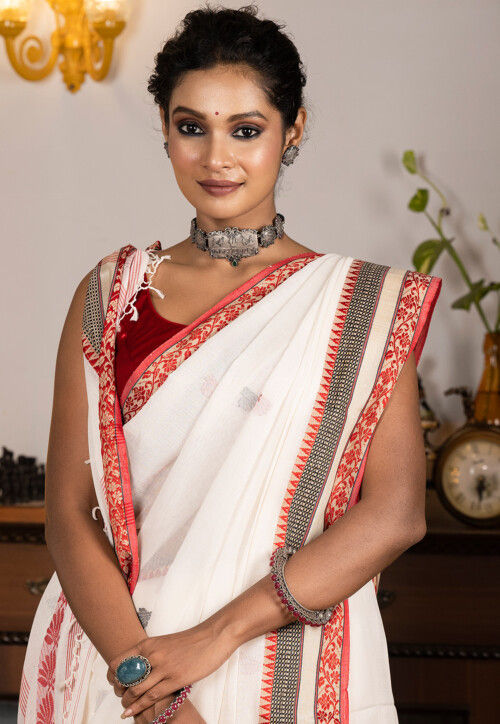 Buy Woven Pure Cotton Saree in Off White Online : SCRA268 - Utsav Fashion