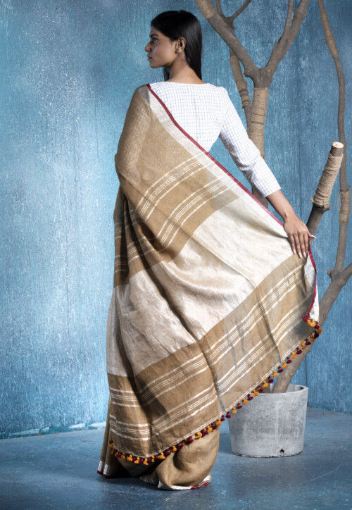 Buy Woven Pure Linen Saree in Dark Beige Online : SBY899 - Utsav Fashion