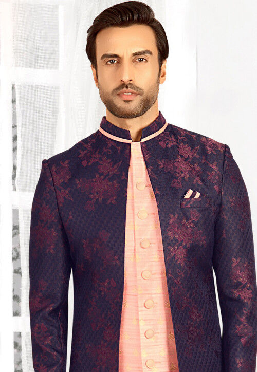 Buy Woven Terry Rayon Jacket Style Sherwani in Peach and Navy Blue ...