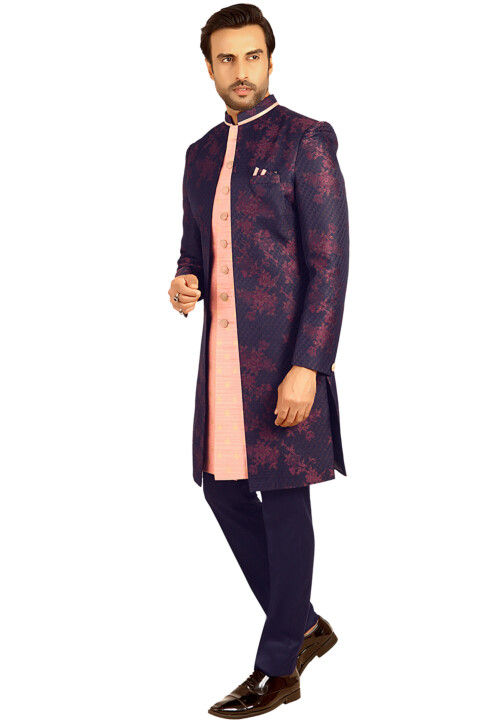 Buy Woven Terry Rayon Jacket Style Sherwani in Peach and Navy Blue ...