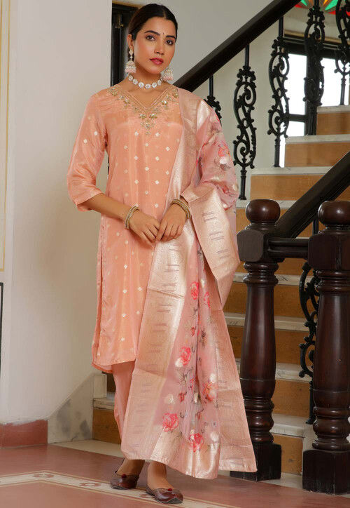 Buy Woven Tissue Brocade Pakistani Suit in Peach Online : KJN4634 ...