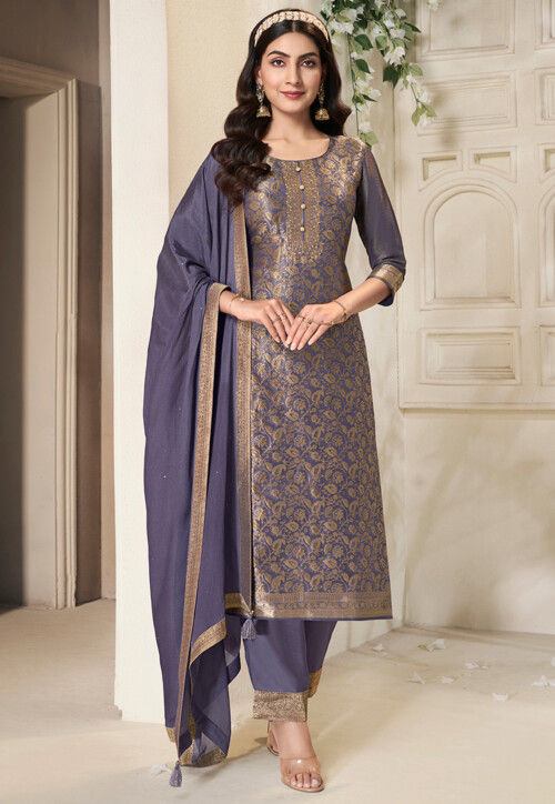 Buy Woven Tissue Jacquard Pakistani Suit in Dusty Purple Online ...