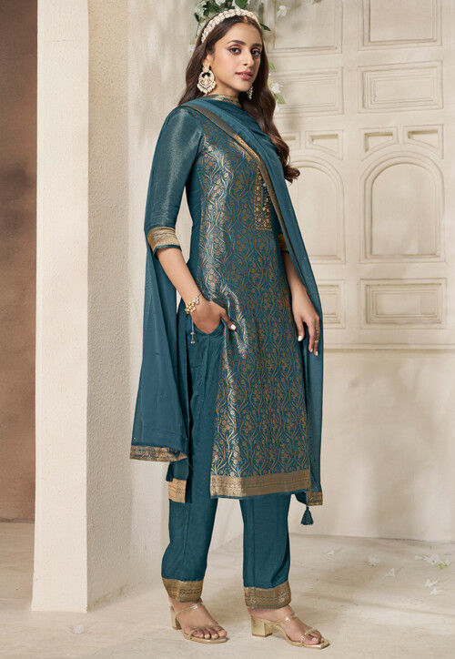 Buy Woven Tissue Jacquard Pakistani Suit in Teal Blue Online : KKE229 ...