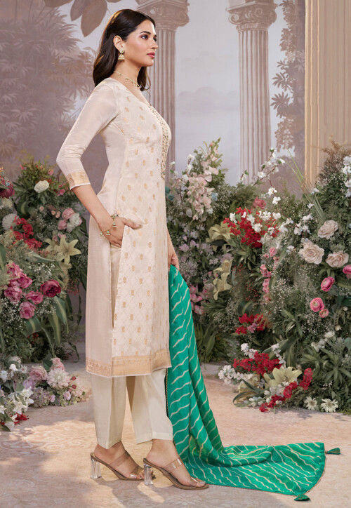 Buy Woven Tissue Silk Pakistani Suit in Cream Online : KKE283 - Utsav ...