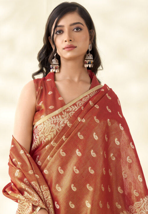 Buy Woven Tissue Silk Saree in Rust Online : SSEA10768 - Utsav Fashion