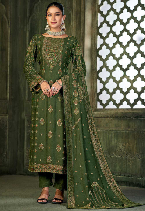 Buy Woven Viscose Rayon Pakistani Suit in Olive Green Online : KVG336 ...