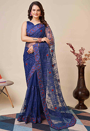 Blue Net Sarees: Buy Latest Designs Online | Utsav Fashion