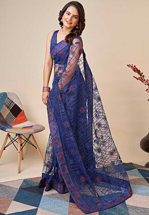Blue Net Sarees: Buy Latest Designs Online | Utsav Fashion