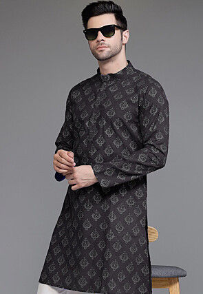 Block Printed Cotton Kurta in Dark Green : MXX632