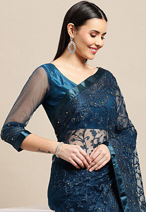 Blue Net Sarees: Buy Latest Designs Online | Utsav Fashion