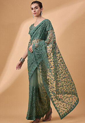 Green Net Sarees: Buy Latest Designs Online | Utsav Fashion