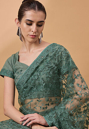 Green Net Sarees: Buy Latest Designs Online | Utsav Fashion