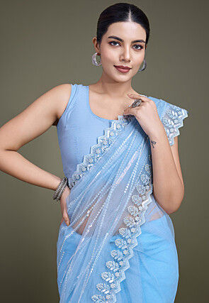 Blue Net Sarees: Buy Latest Designs Online | Utsav Fashion