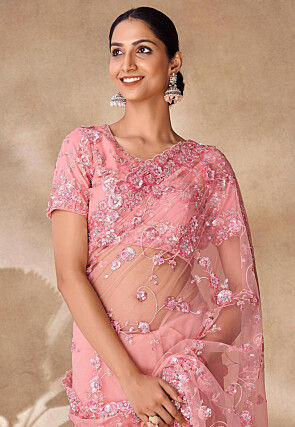Pink Net Sarees: Buy Latest Designs Online | Utsav Fashion