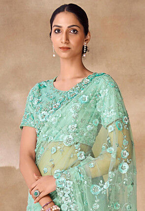 Green Net Sarees: Buy Latest Designs Online | Utsav Fashion