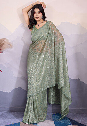 Green Net Sarees: Buy Latest Designs Online | Utsav Fashion