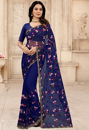 Blue Net Sarees: Buy Latest Designs Online | Utsav Fashion