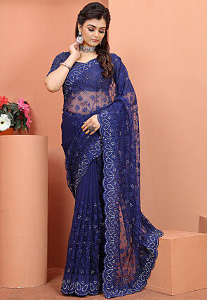 Blue Net Sarees: Buy Latest Designs Online | Utsav Fashion