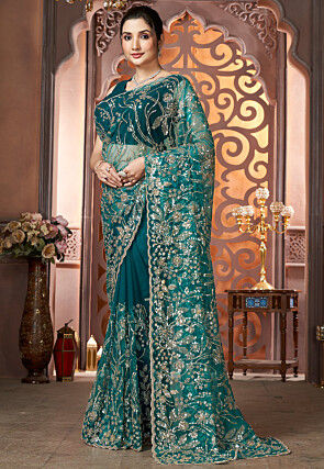 Blue Net Sarees: Buy Latest Designs Online | Utsav Fashion