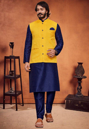 Plain Art Silk Kurta Jacket Set in Black and Off White : MKM301