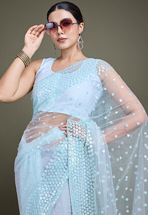 Blue Net Sarees: Buy Latest Designs Online | Utsav Fashion