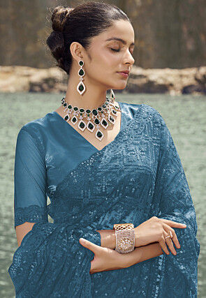 Blue Net Sarees: Buy Latest Designs Online | Utsav Fashion