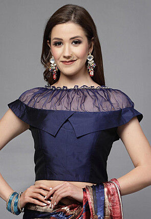 Buy Embroidered Neck Art Silk Angrakha Style Blouse in Dark Blue Online ...