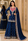 Buy Embroidered Chinon Silk Pakistani Suit in Navy Blue Online ...